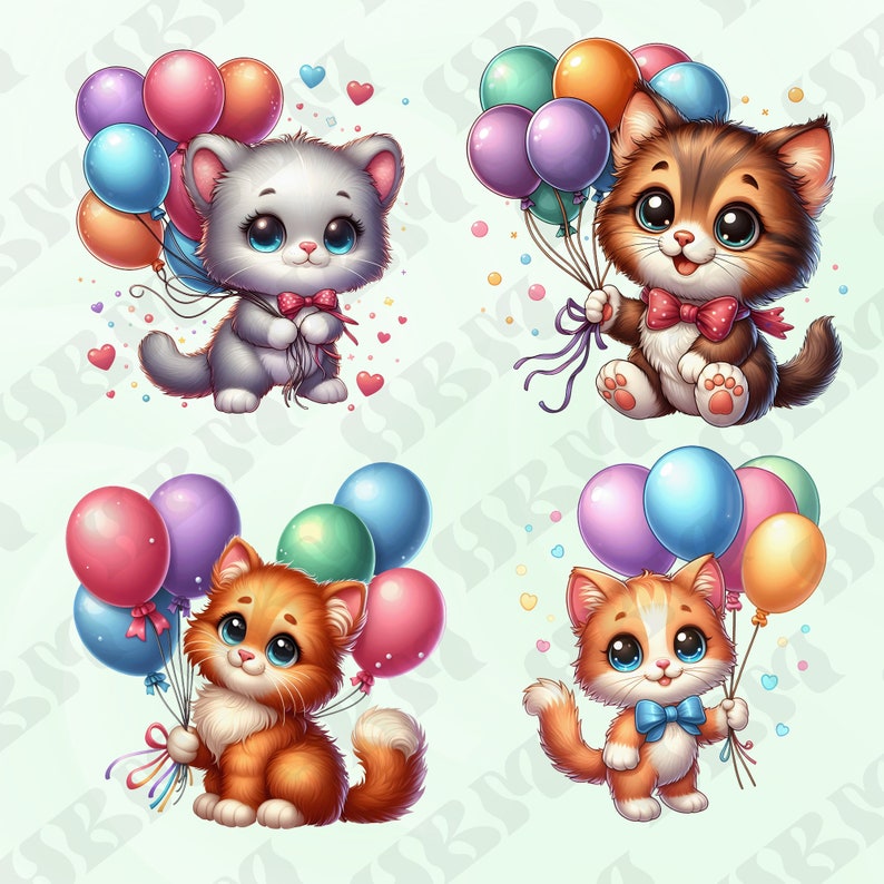 Cute Party Kittens Clipart Bundle, Cartoon Cat Balloon Sticker ...