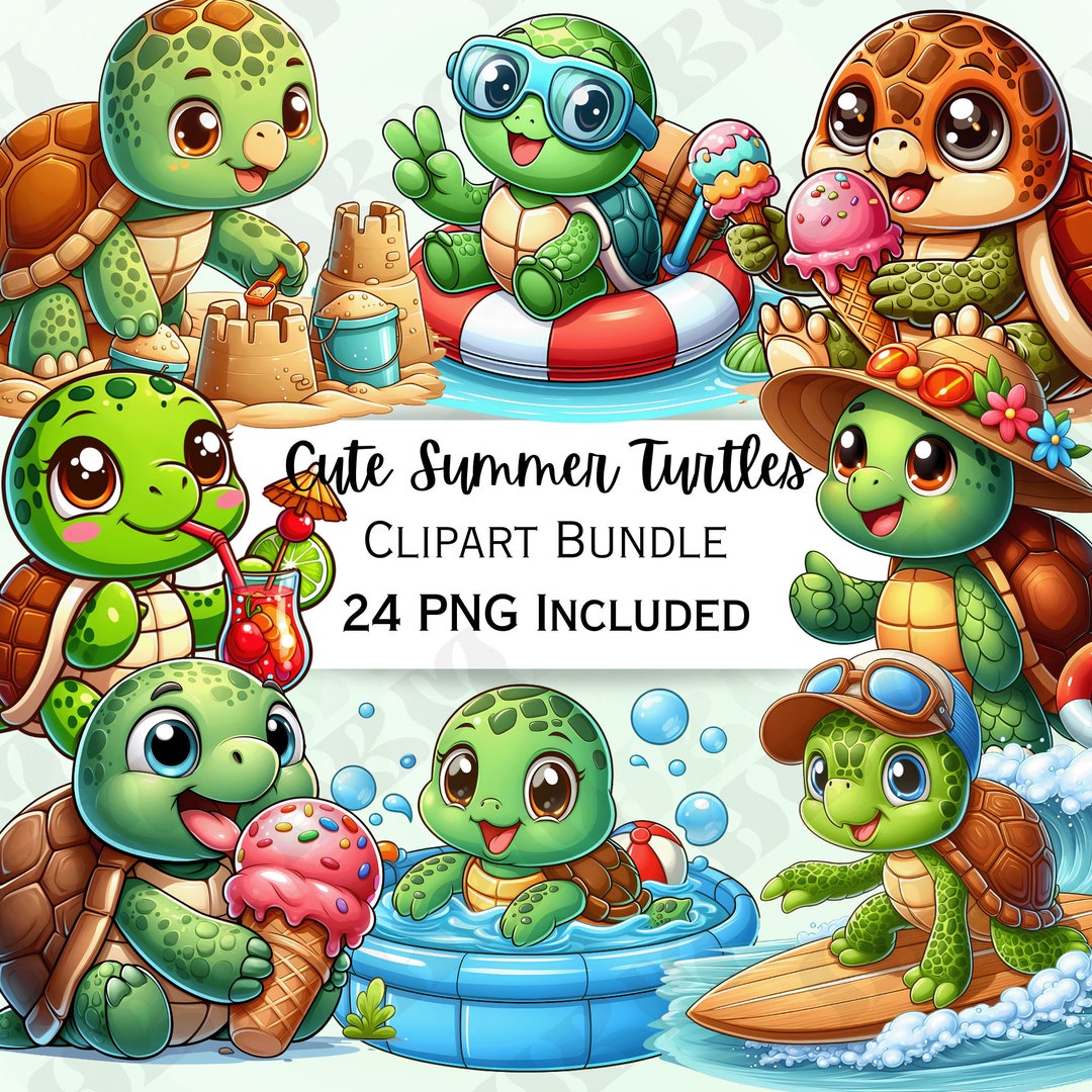 24 Cute Cartoon Turtle Summer Clipart Bundle, Surf Nursery Decor, Beach ...