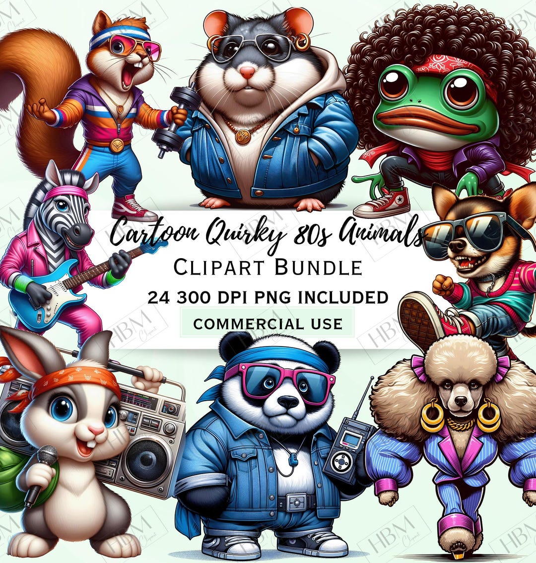 Funny Cartoon Quirky 1980s Animals Clipart Bundle, Silly Neon Sticker ...