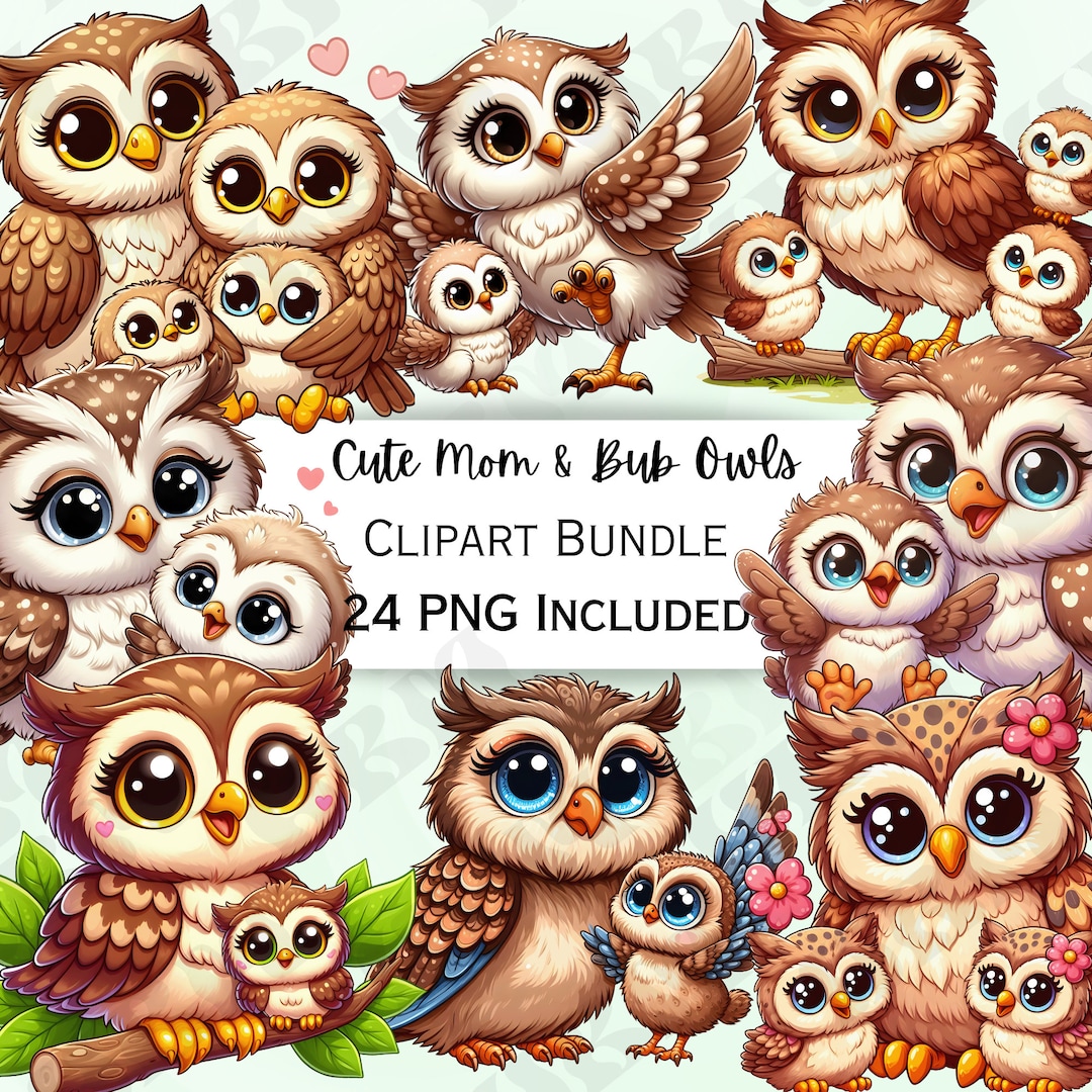 24 Cute Mom & Bub Owls Clipart Bundle, Cartoon Balloon Sticker ...