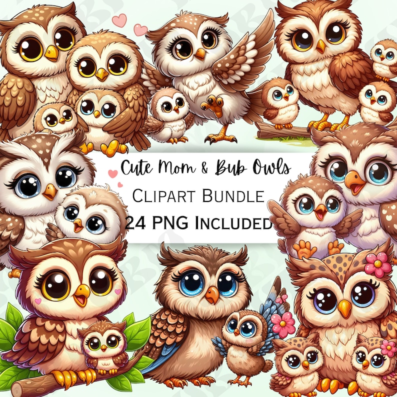 24 Cute Mom & Bub Owls Clipart Bundle, Cartoon Balloon Sticker ...