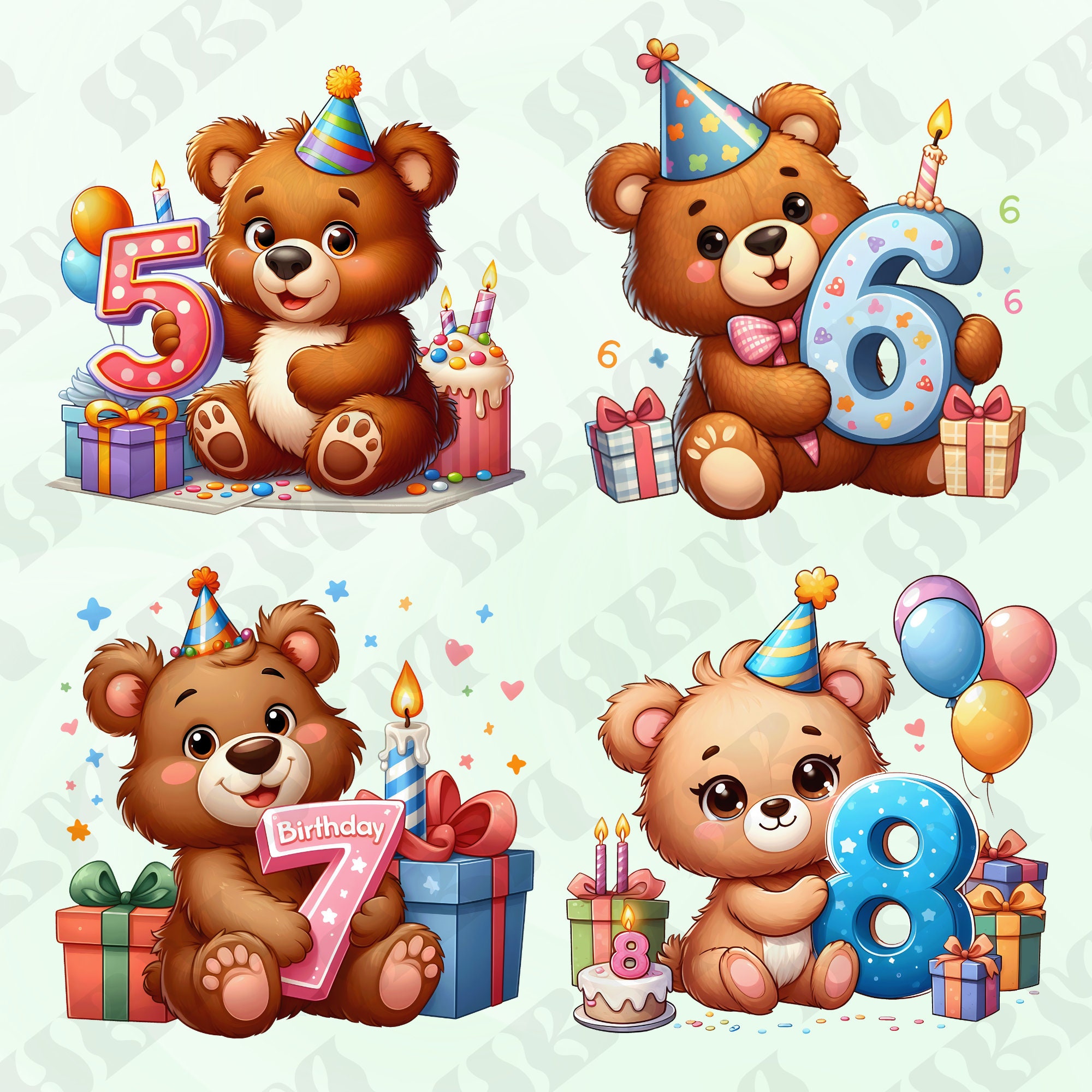 16 Cute Birthday Bears Clipart Bundle, Cartoon Teddy Sticker, Adorable ...