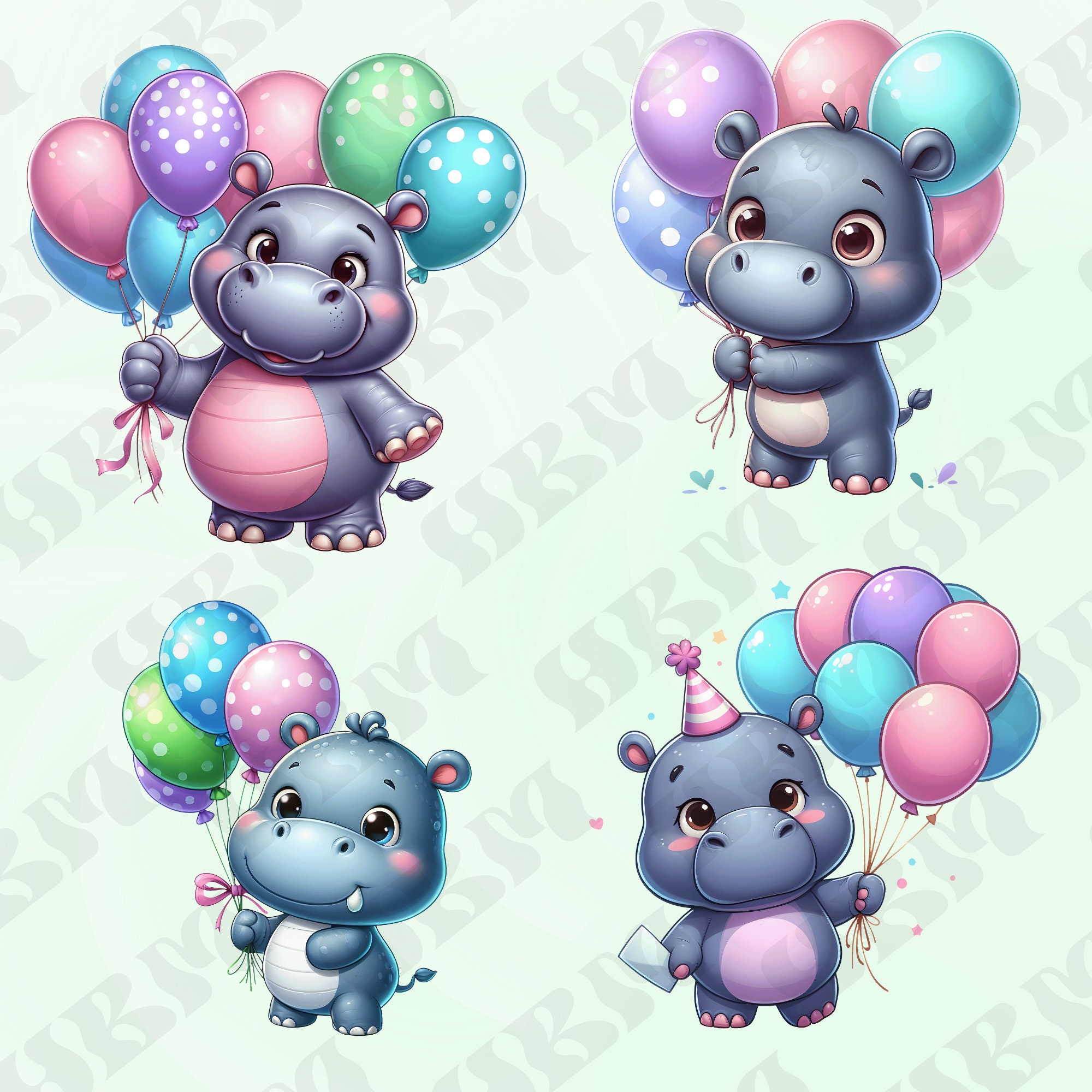 24 Cute Party Hippo Clipart Bundle, Cartoon Balloon Sticker, Adorable ...