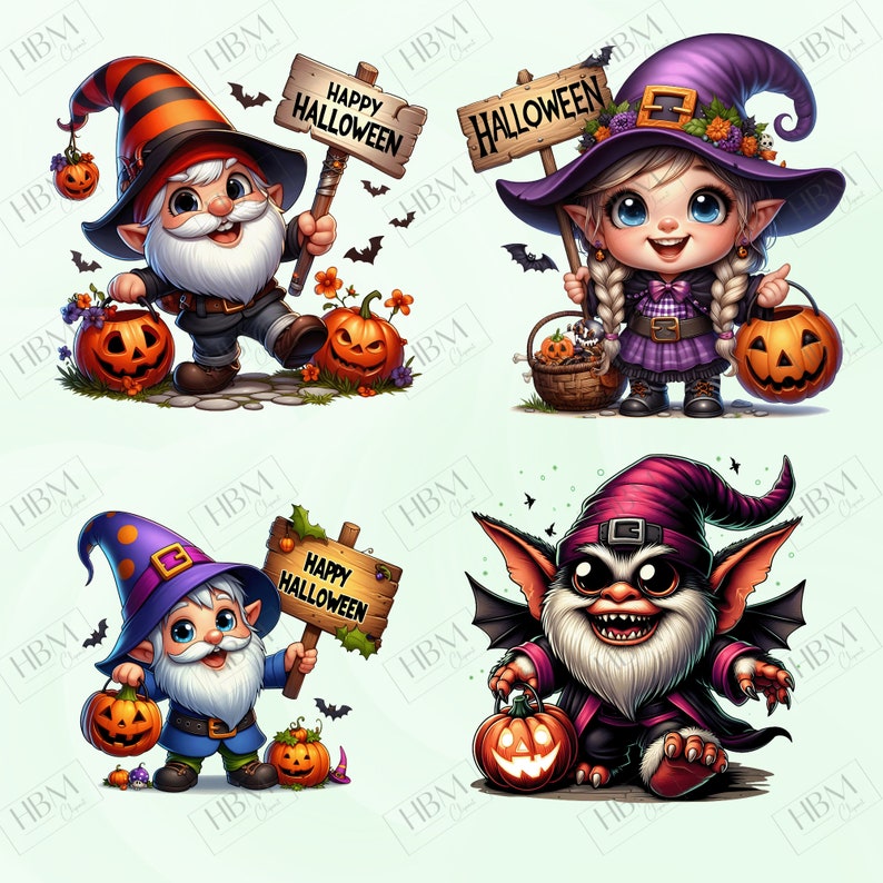 Spooky Cartoon Halloween Gnomes Clipart Bundle, Pumpkin Stickers ...