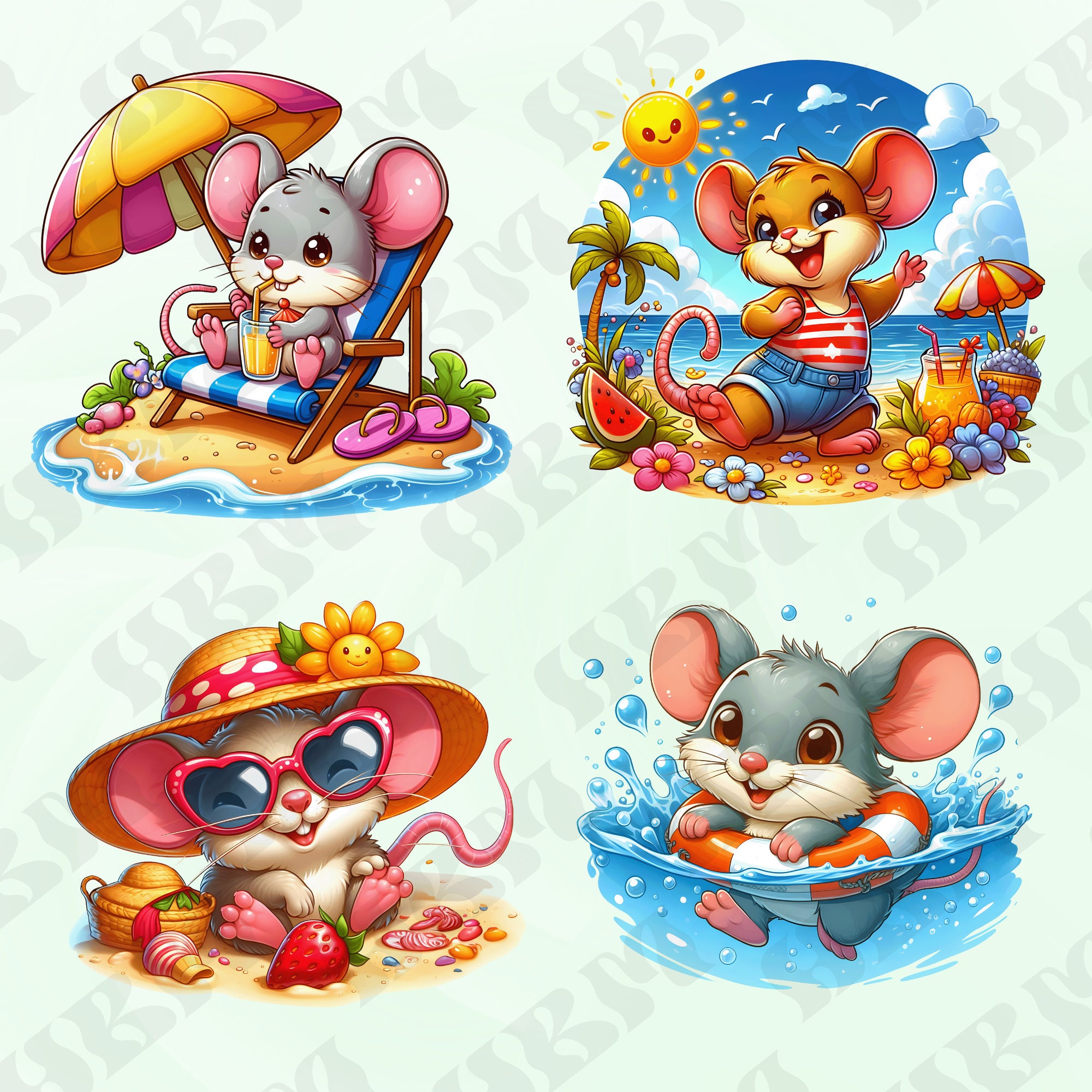 Cute Cartoon Mouse Summer Clipart Bundle, Surf Nursery Decor, Beach ...