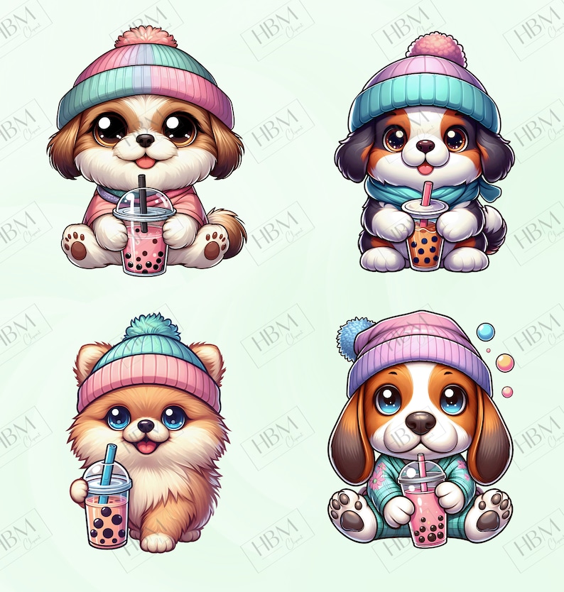Cute Bubble Tea Puppies Clipart Bundle, Cartoon Boba Tea Nursery Decor ...