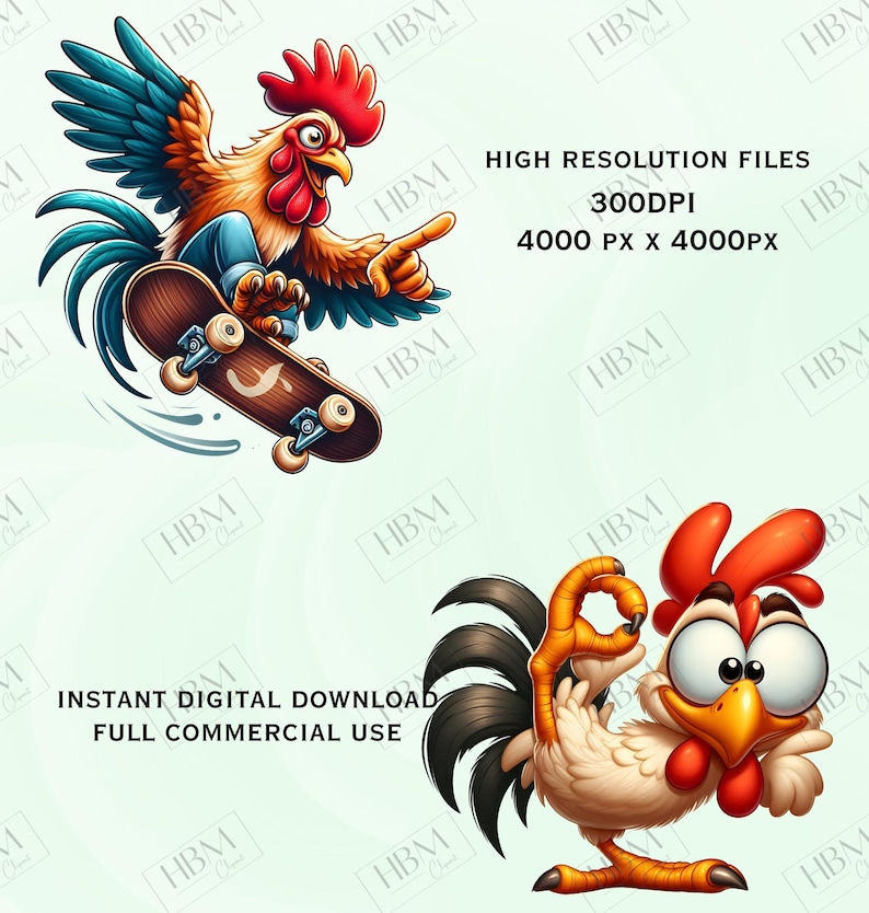 Funny Rooster Clipart Bundle, Cartoon Chicken PNG, Quirky Farm Animal ...