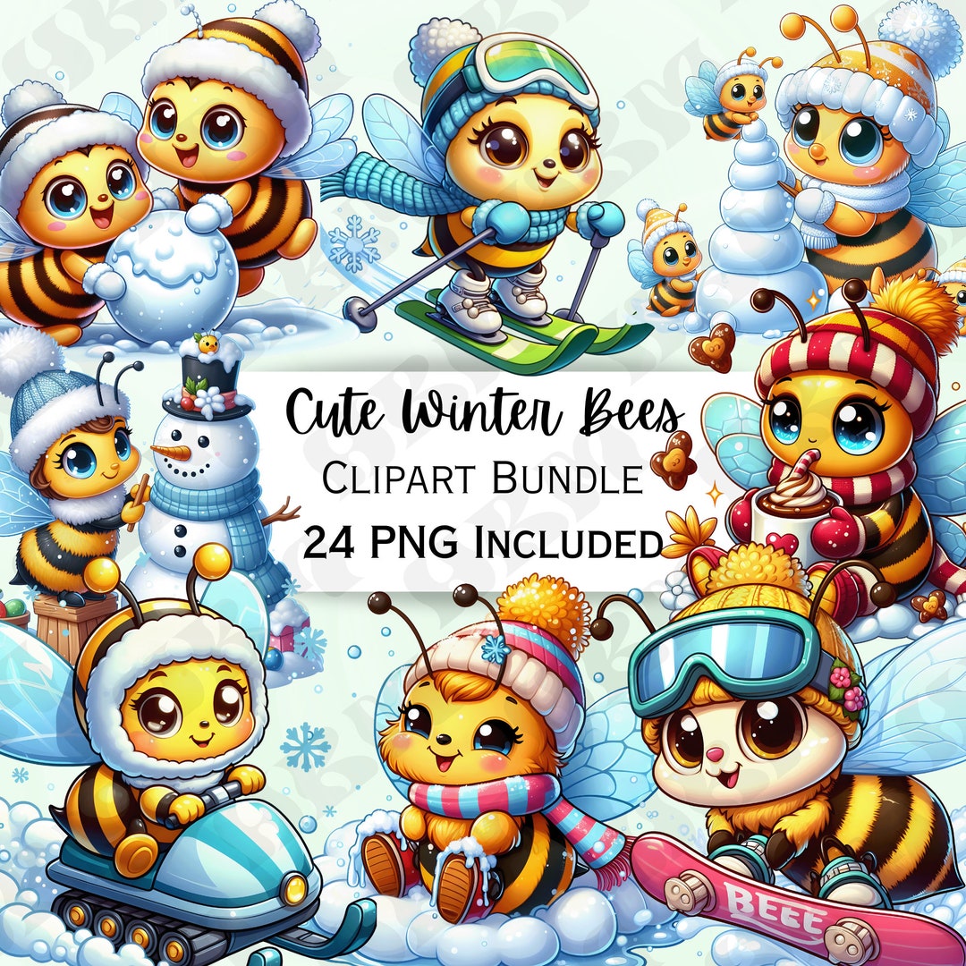 Cute Cartoon Winter Bees Clipart Bundle, Snow Nursery Decor, Cozy Baby ...