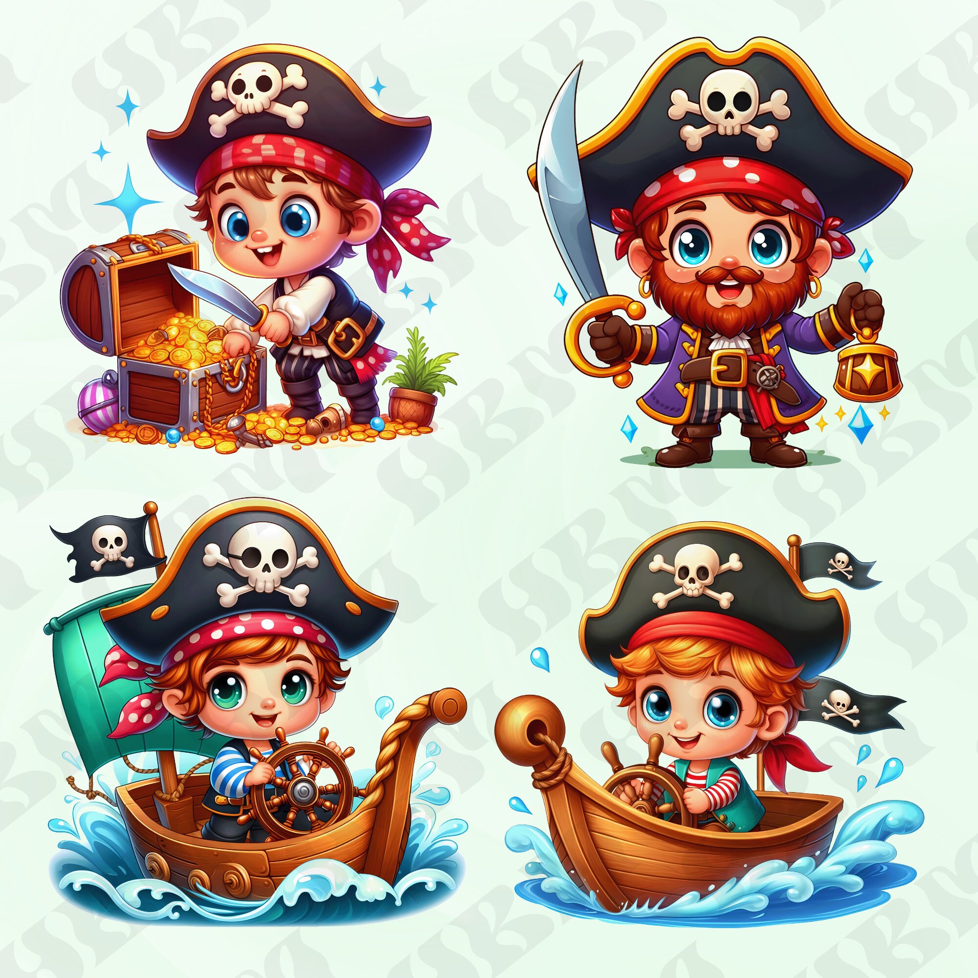 Cute Cartoon Pirate Clipart Bundle, Treasure Chest Sticker, Adorable ...