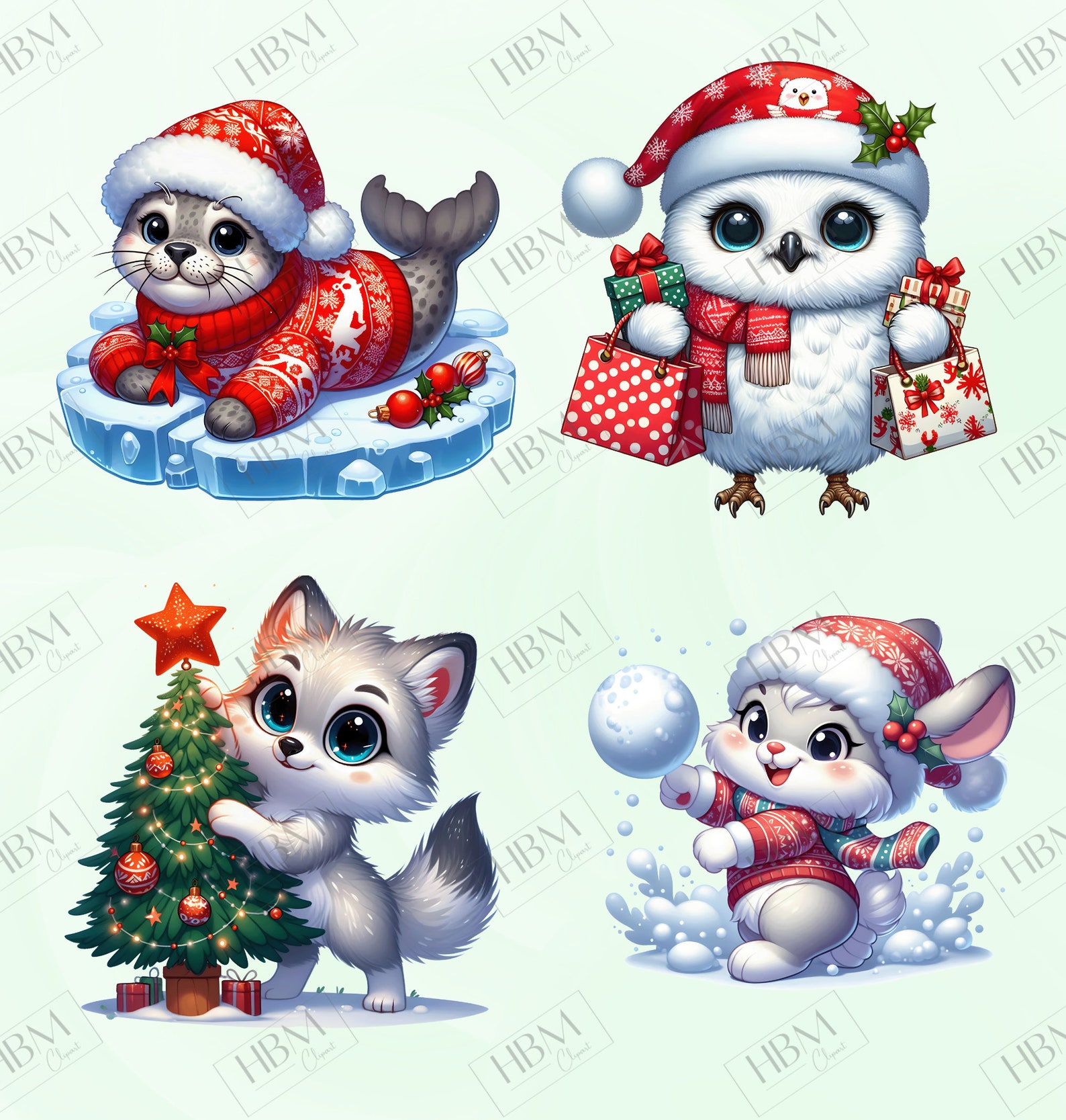 Cute Christmas Arctic Animals Clipart Bundle, Festive Cartoon Baby Snow ...