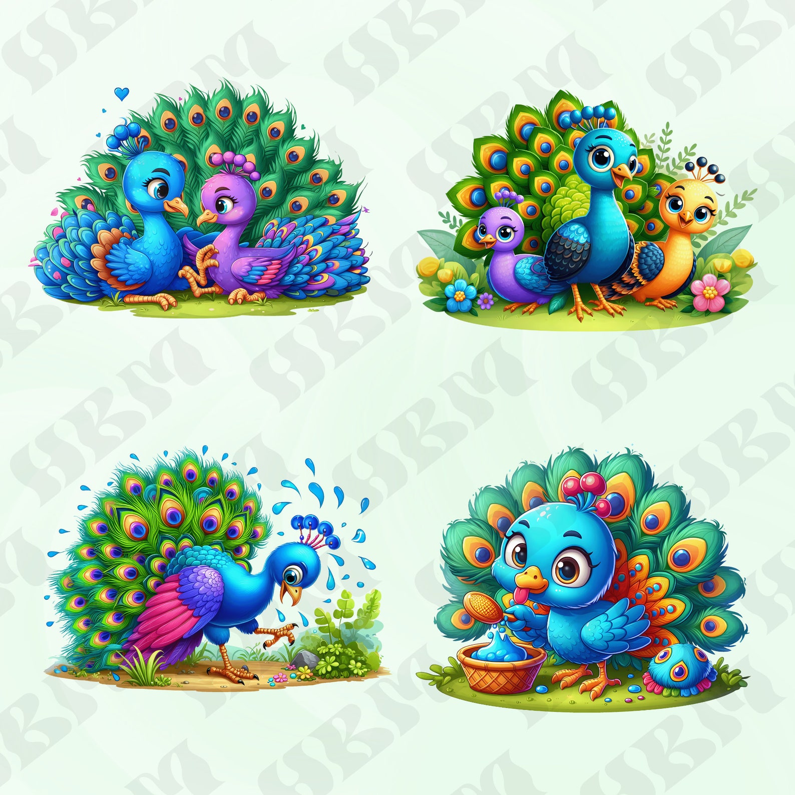 Cute Cartoon Peacocks Clipart Bundle, Wildlife Stickers, Adorable Baby ...