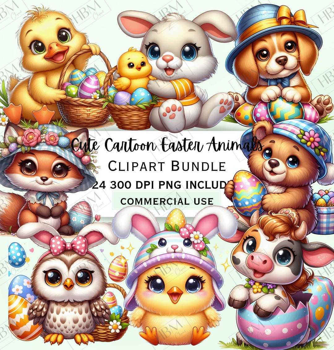 Cute Cartoon Easter Animals Clipart Bundle, Joyful Chick Sticker ...