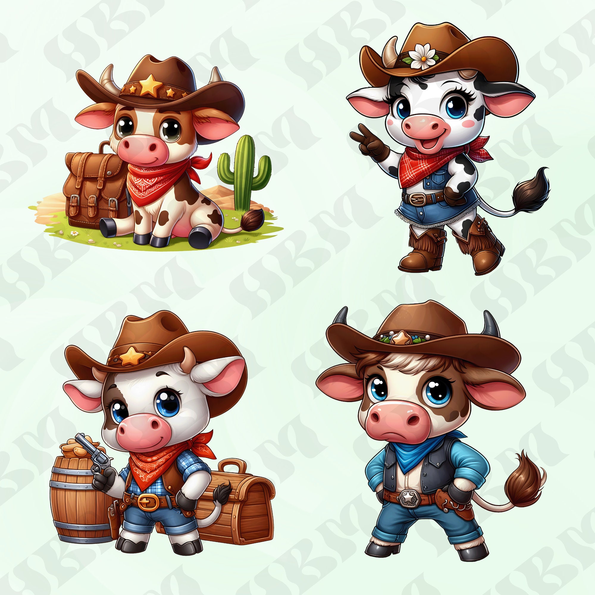 Cute Cartoon Western Cows Clipart Bundle, Funny Cowboy Sticker ...