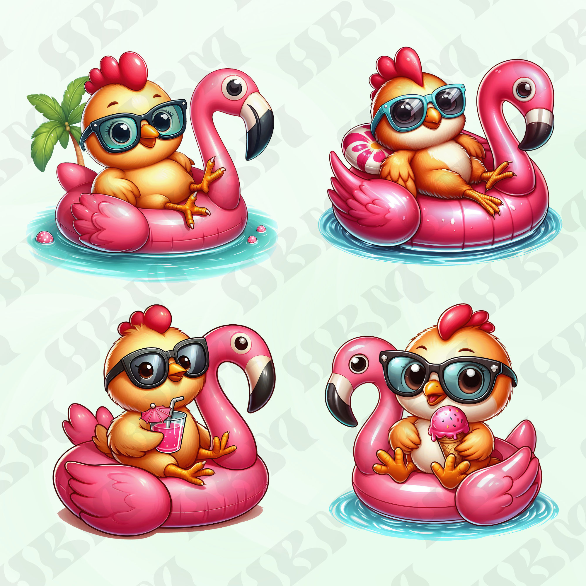 Cute Chicken's on Flamingo Floats Clipart Bundle, Summer Nursery Decor ...