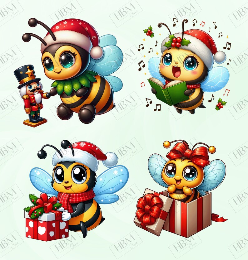 Cute Cartoon Christmas Bees Clipart Bundle, Festive Baby Animal Sticker ...