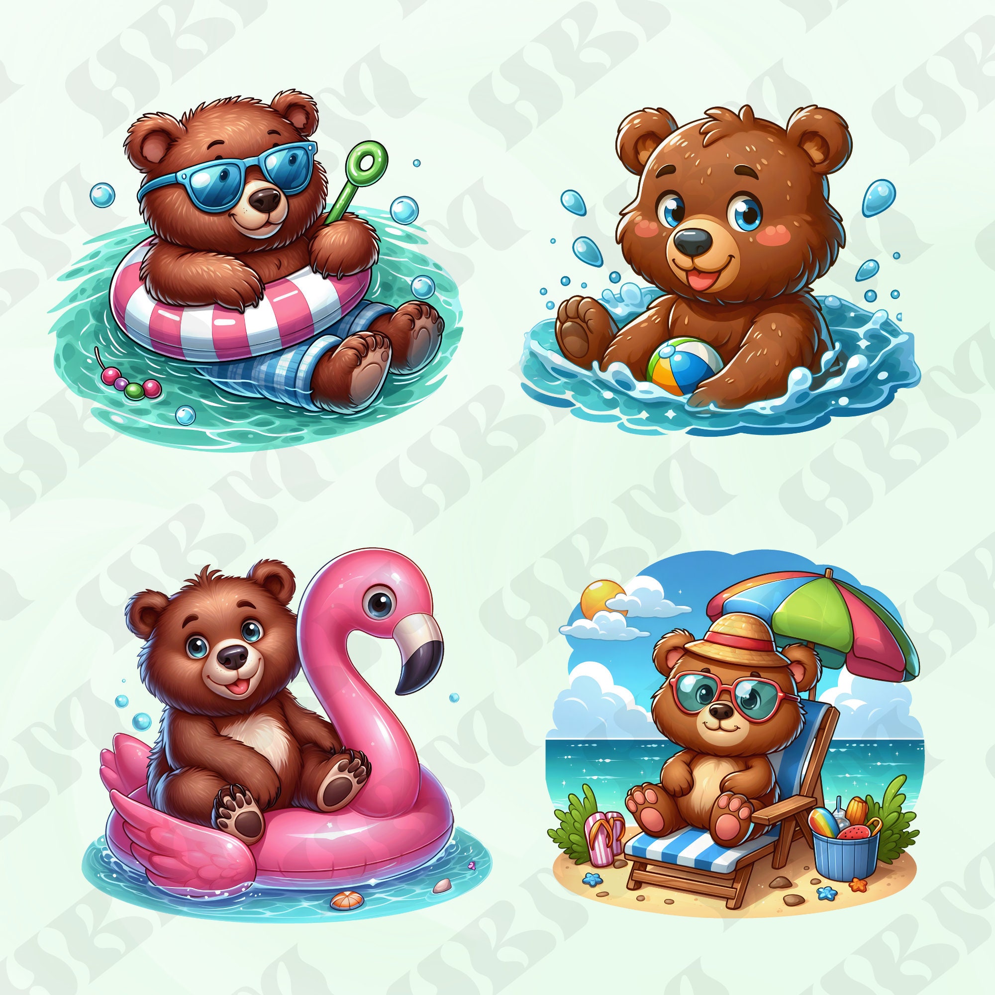 Cute Cartoon Bears Summer Clipart Bundle, Surf Nursery Decor, Beach ...