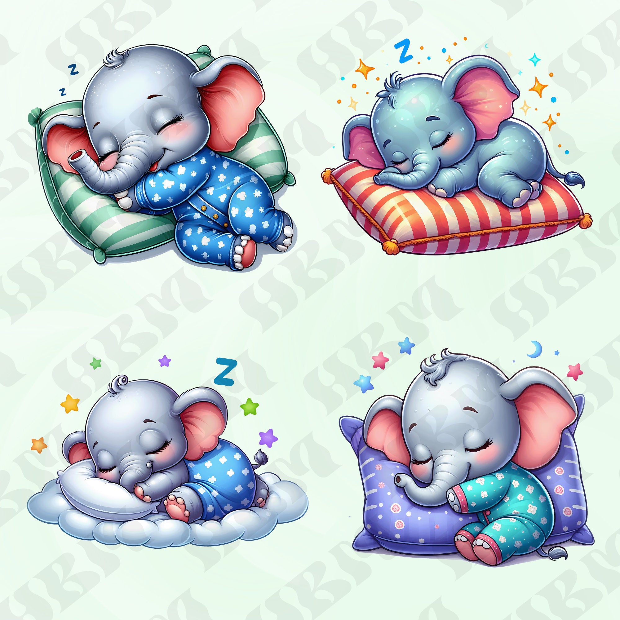 Cute Sleeping Elephant Clipart Bundle, Adorable Nursery Decor, PNG for ...