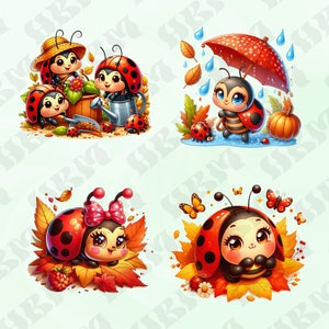Cute Cartoon Autumn Lady Bug Clipart Bundle, Fall Nursery Decor, Leaves ...