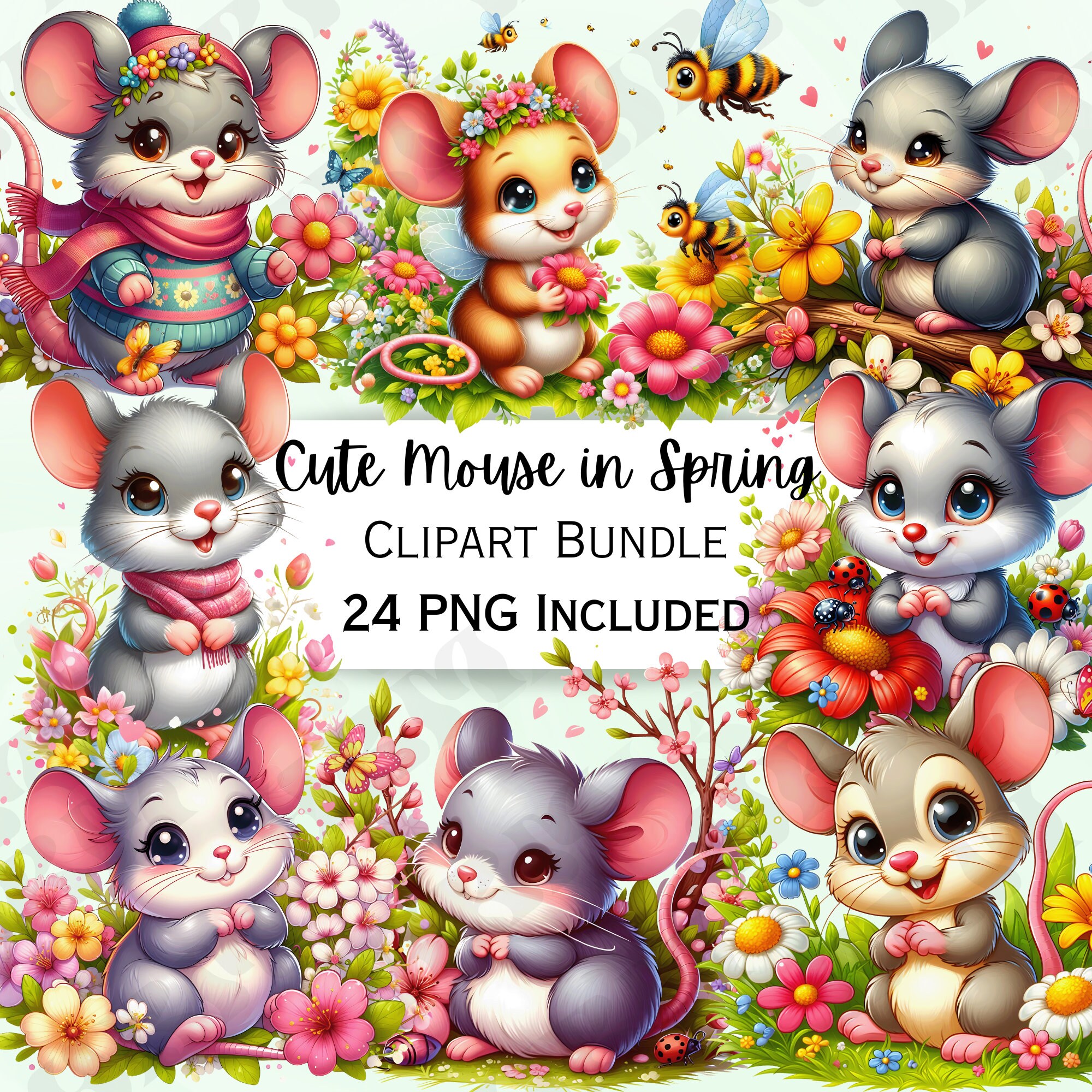 Cute Cartoon Spring Mouse Clipart Bundle, Cheerful Nursery Decor ...