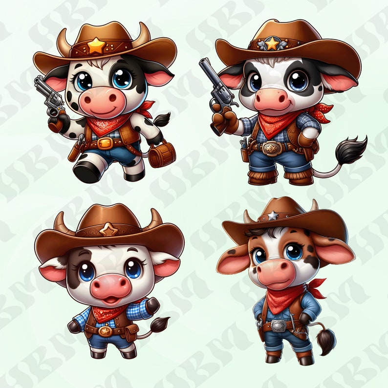 Cute Cartoon Western Cows Clipart Bundle, Funny Cowboy Sticker ...