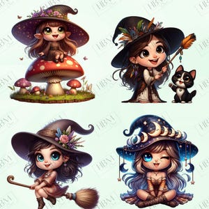 Cute Cartoon Boho Witches Clipart Bundle, Magical Witchy Art, Floral ...