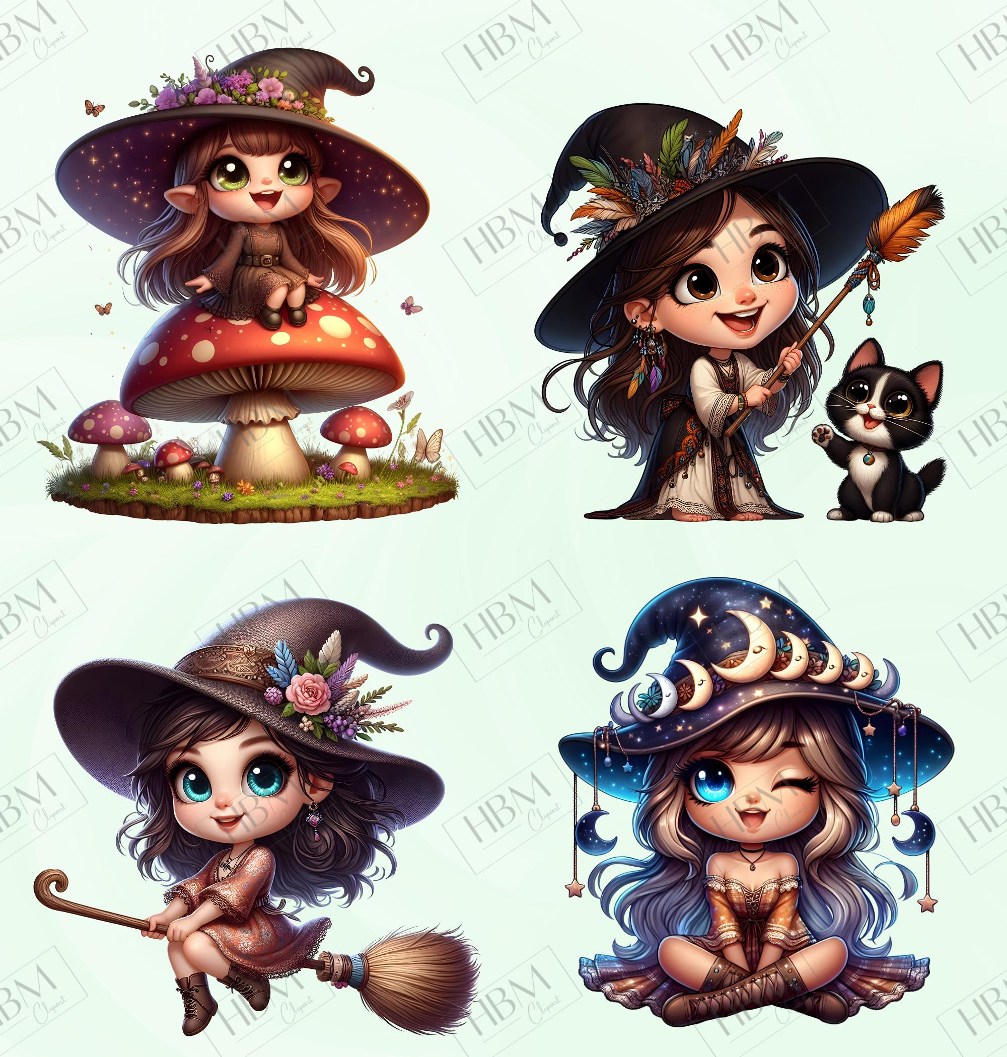 Cute Cartoon Boho Witches Clipart Bundle, Magical Witchy Art, Floral ...
