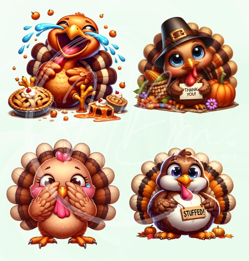 Hilarious Cartoon Turkeys Clipart Bundle, Cute Fall Thanksgiving ...