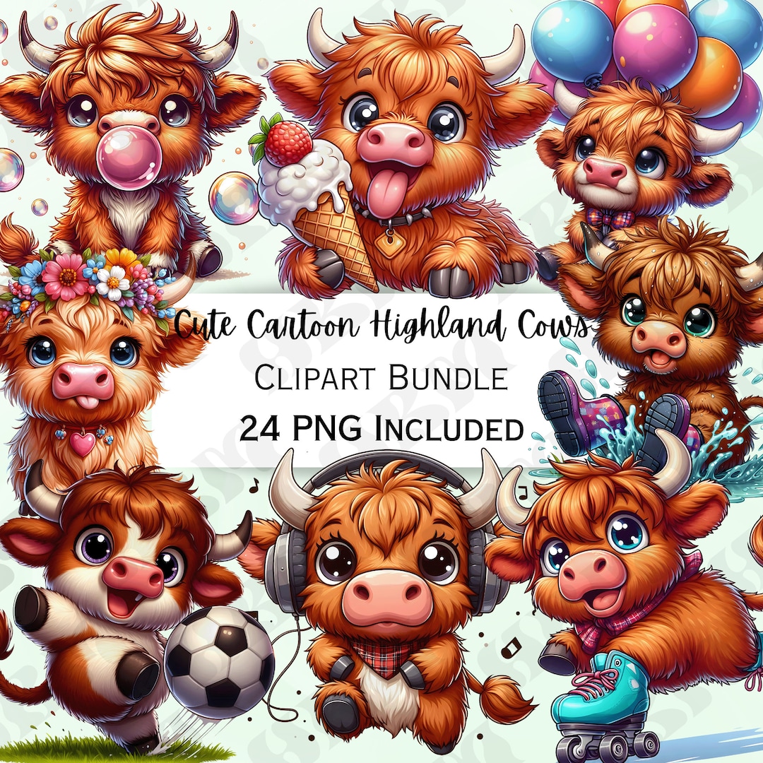 Cute Cartoon Highland Cows Clipart Bundle, Bull Stickers, Adorable Wall ...