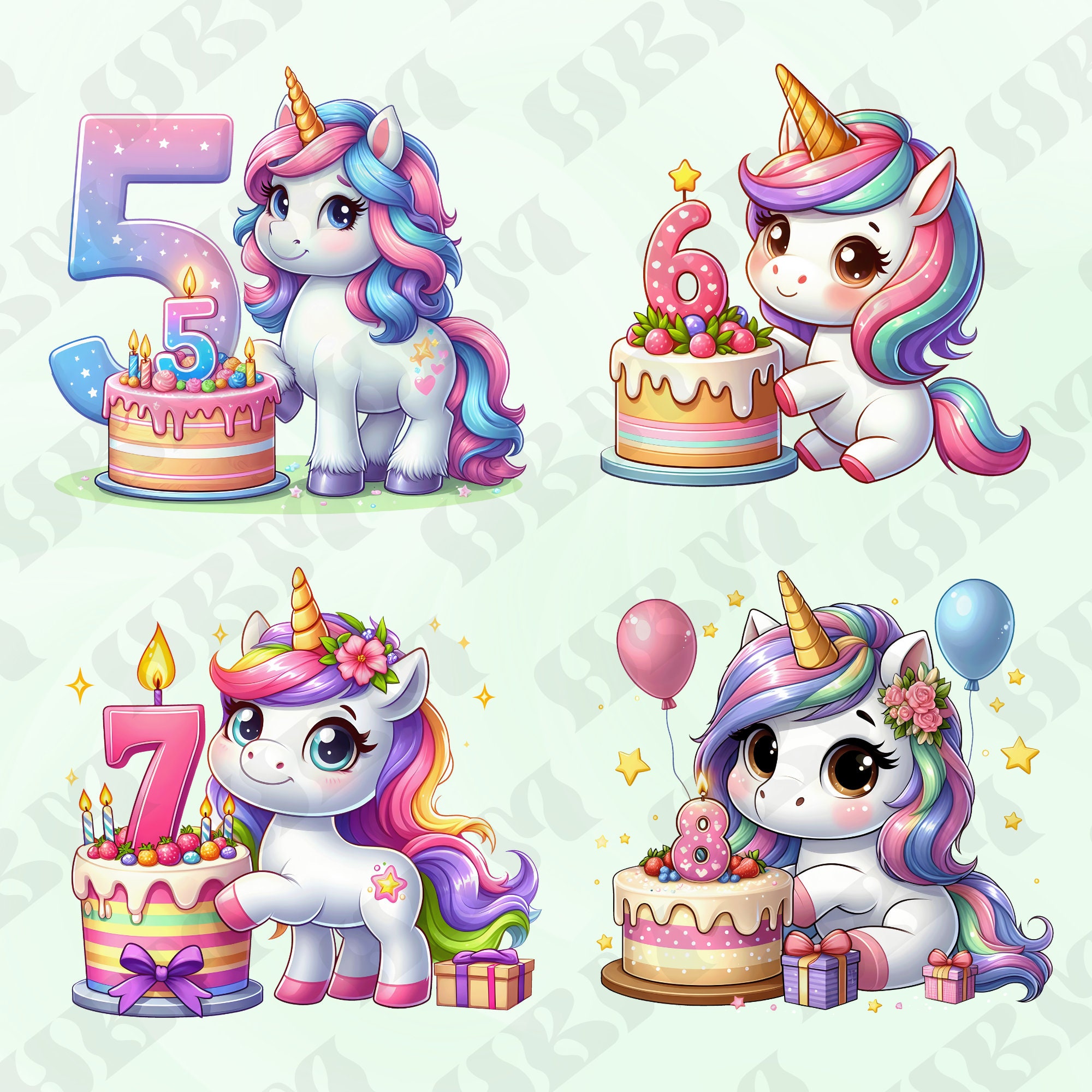 16 Cute Birthday Unicorn Clipart Bundle, Cartoon Sticker, Adorable ...
