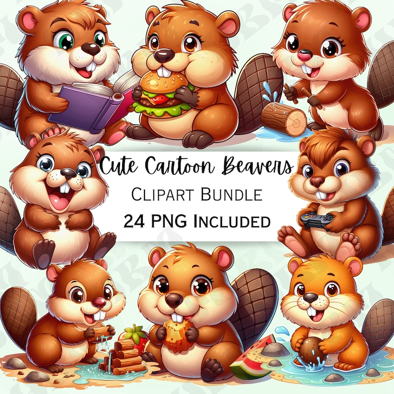 Cute Cartoon Beaver Clipart Bundle, Sweet Woodland Stickers, Adorable ...