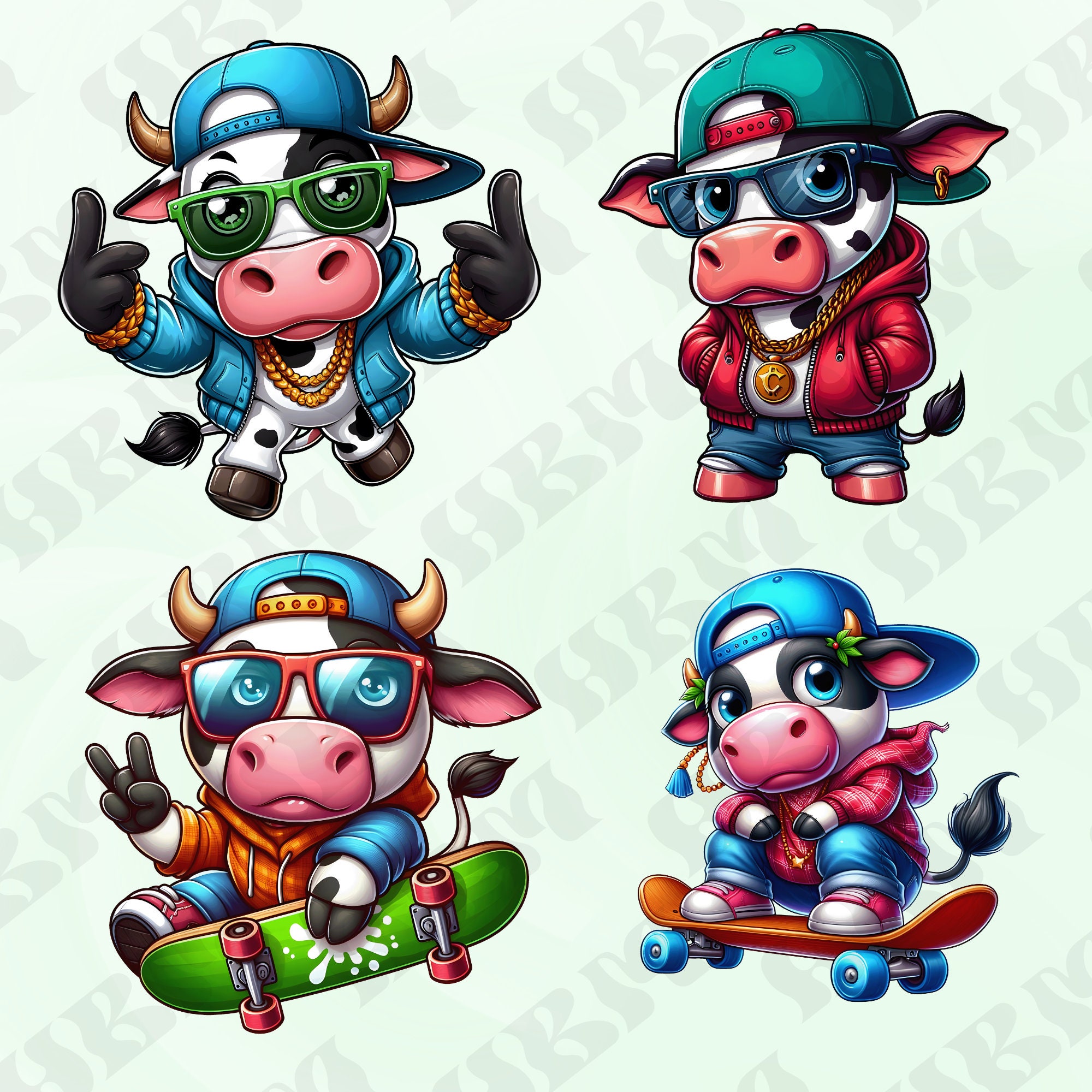Cute Cartoon Gangsta Cows Clipart Bundle, Funny Attitude Sticker ...