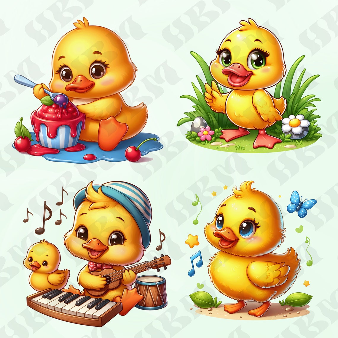 Cute Yellow Ducks Cartoon Clipart Bundle, Bird Stickers, Adorable Baby ...