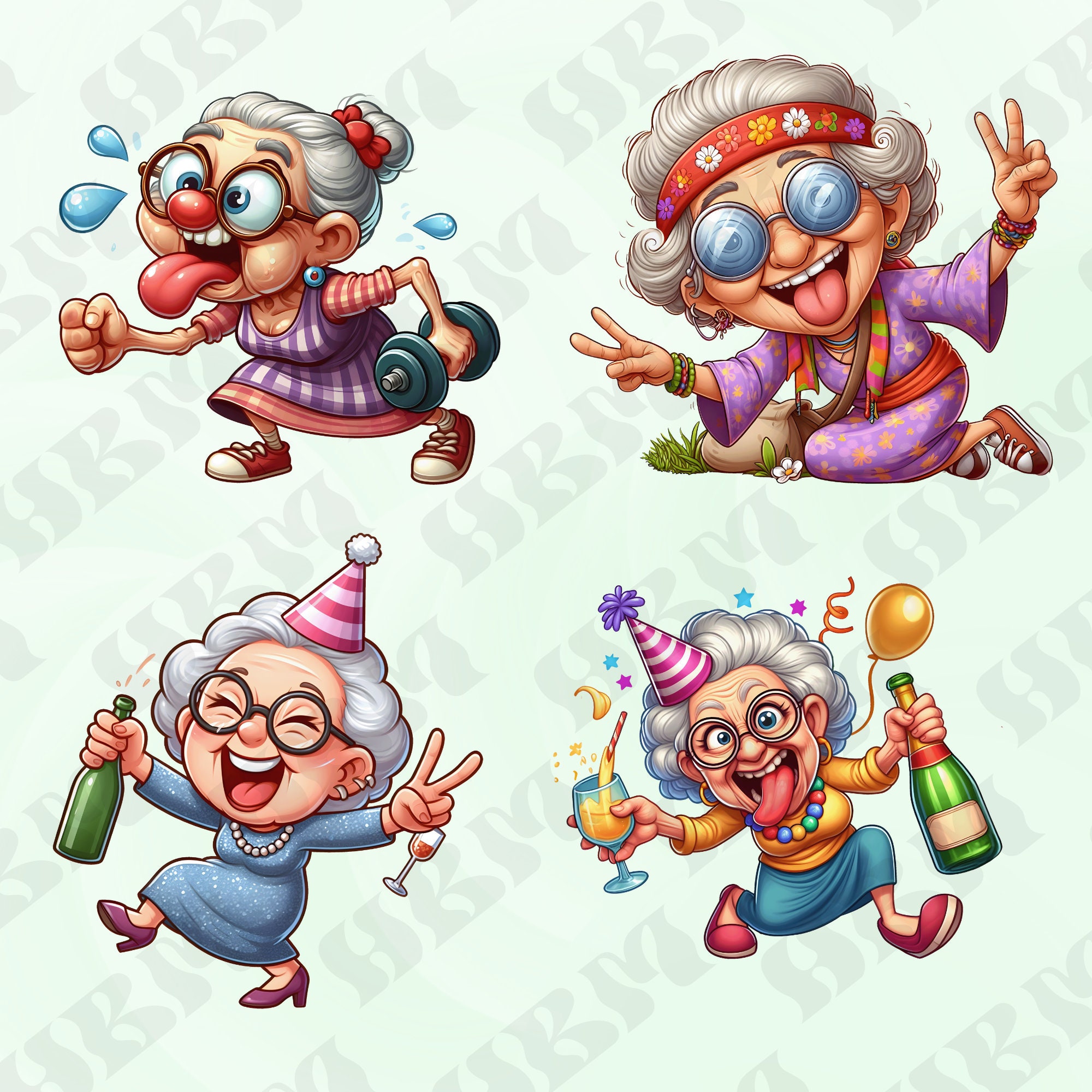 Funny Cartoon Old Ladies Clipart Bundle, Grannie Sticker, Drunk ...