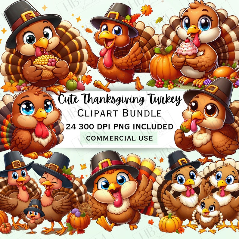Cute Cartoon Thanksgiving Turkey Clipart Bundle, Fall Printables ...