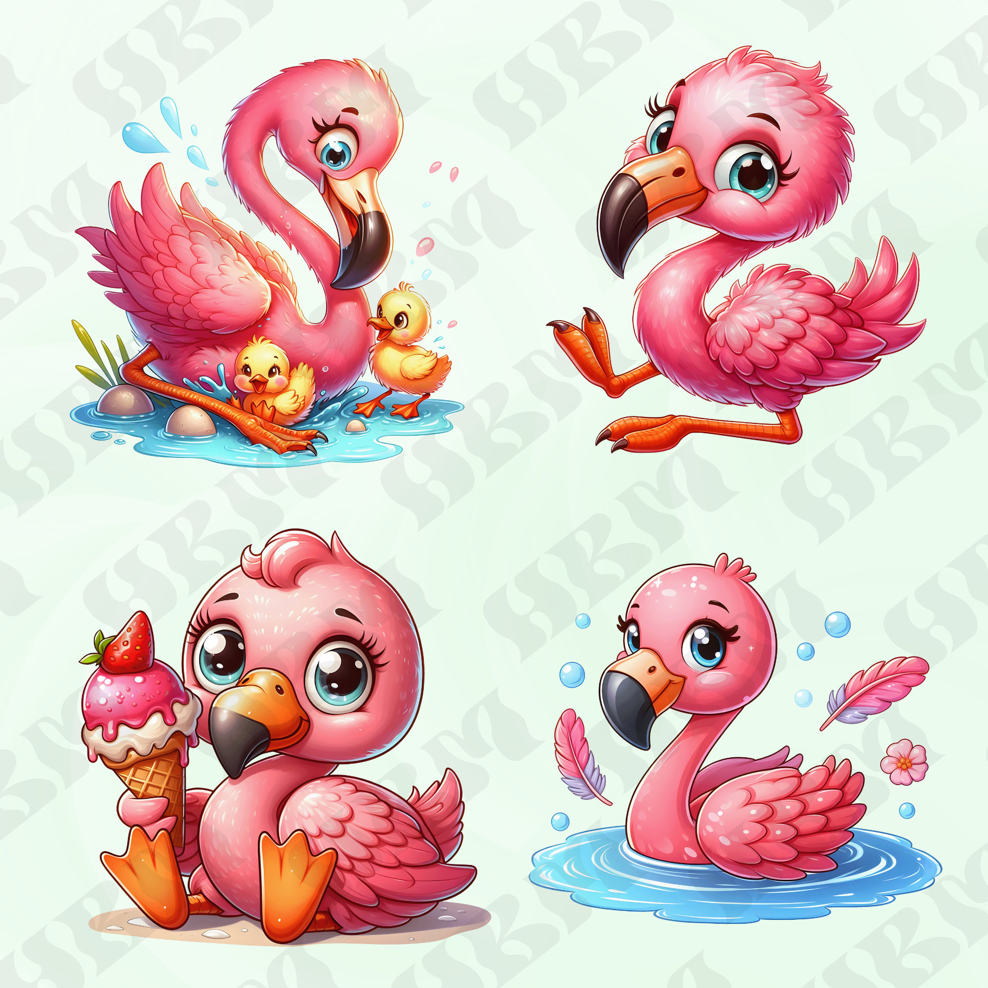 24 Cute Cartoon Flamingos Clipart Bundle, Bird Nursery Decor, Adorable ...