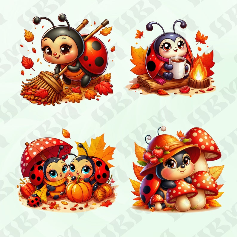 Cute Cartoon Autumn Lady Bug Clipart Bundle, Fall Nursery Decor, Leaves ...