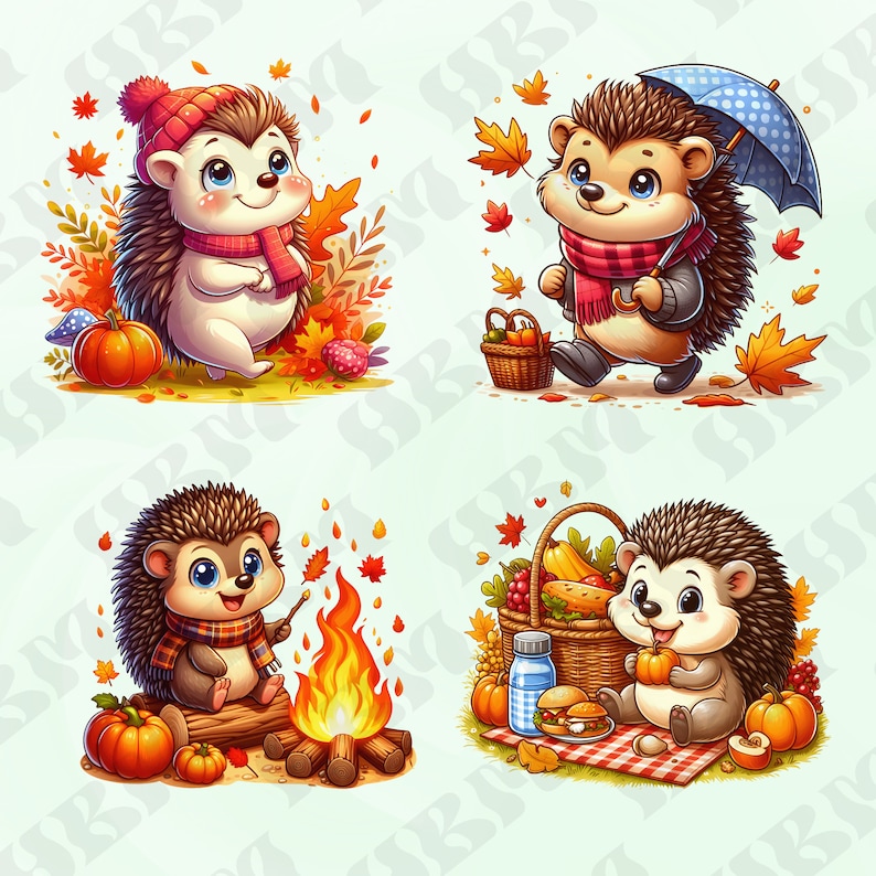Cute Cartoon Autumn Hedgehogs Clipart Bundle, Fall Nursery Decor ...