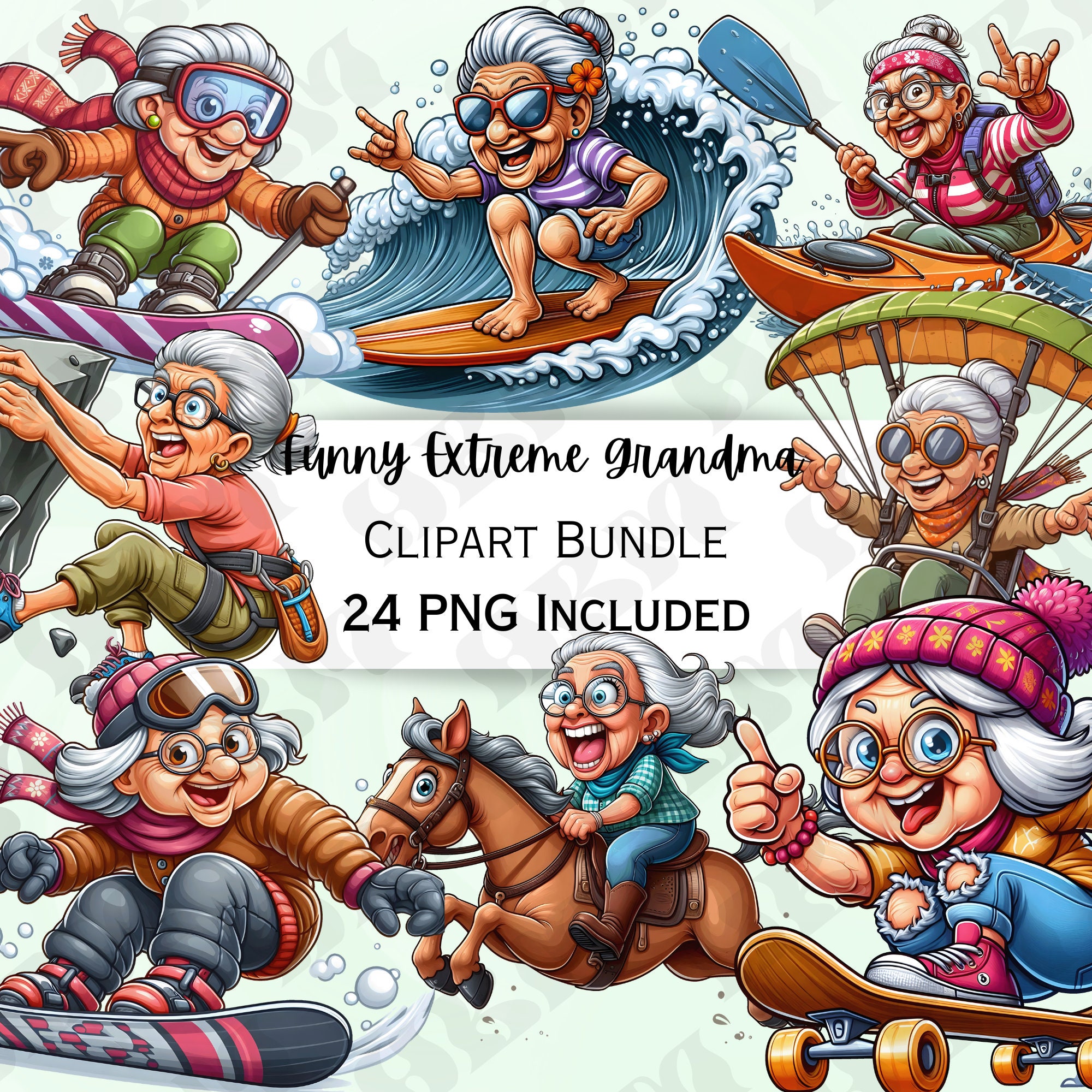 Funny Extreme Grandma Clipart Bundle, Witty Stickers, Whimsical Cartoon ...