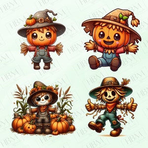 Cute Cartoon Halloween Scarecrows Clipart Bundle, Spooky Festive ...