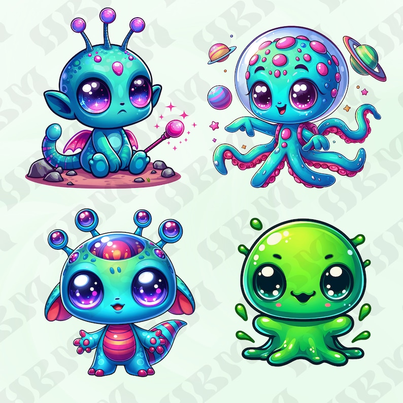 Cute Cartoon Alien Clipart Bundle, Outer Space Sticker, Adorable ...