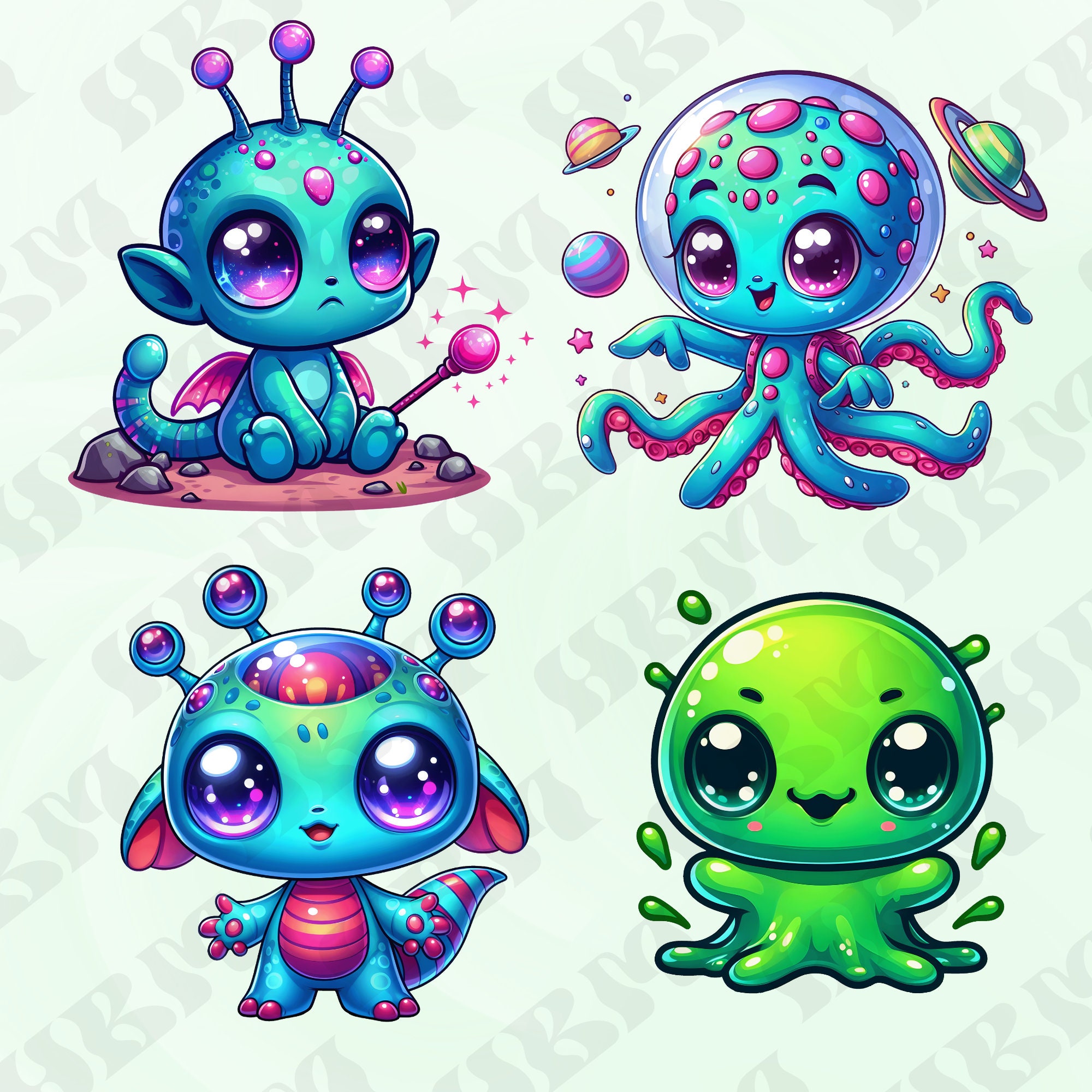 Cute Cartoon Alien Clipart Bundle, Outer Space Sticker, Adorable ...