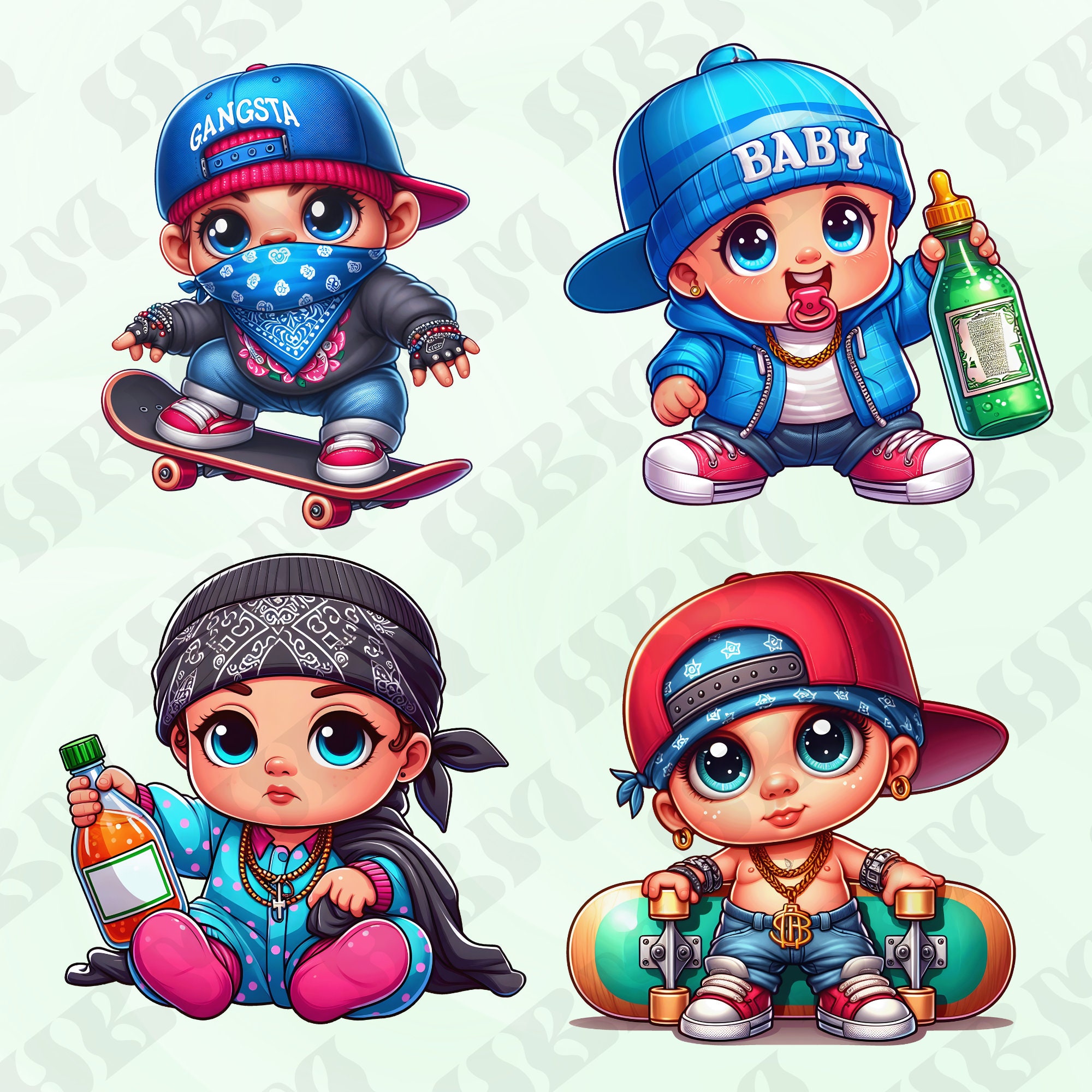 Cute Cartoon Gangsta Baby Clipart Bundle, Funny Attitude Sticker, Adorable Hip Hop Decorations ...