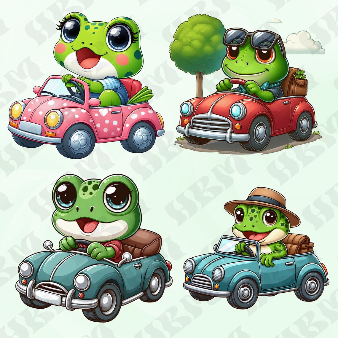 24 Cute Frogs Driving Cars Clipart Bundle, Tadpole Stickers, Adorable ...