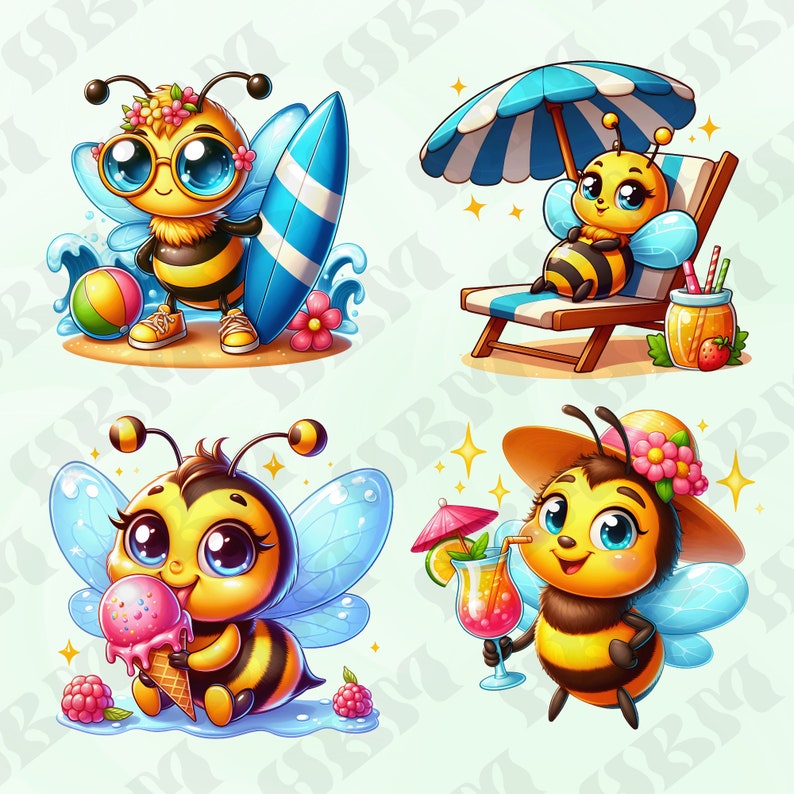 Cute Cartoon Bees Summer Clipart Bundle, Surf Nursery Decor, Beach Baby ...
