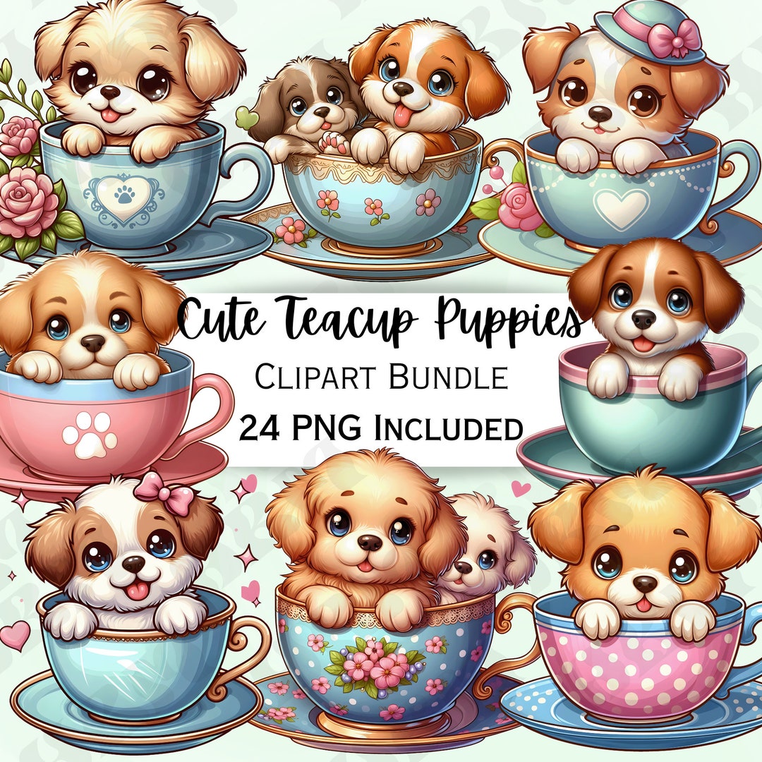 24 Cute Cartoon Teacup Puppies Clipart Bundle, Dog Stickers, Adorable ...
