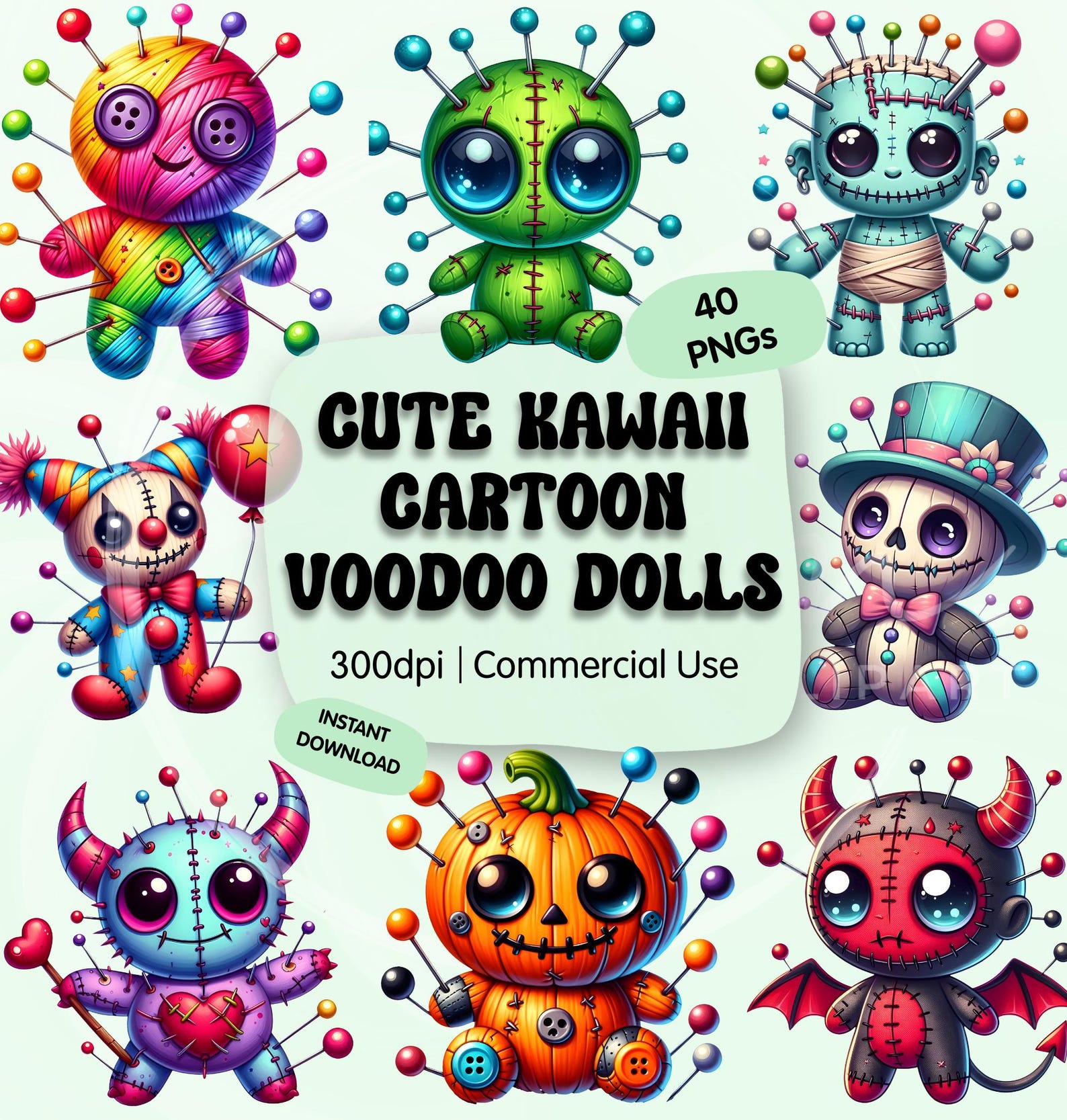Cute Kawaii Voodoo Doll Clipart Bundle, Colorful Halloween PNG ...