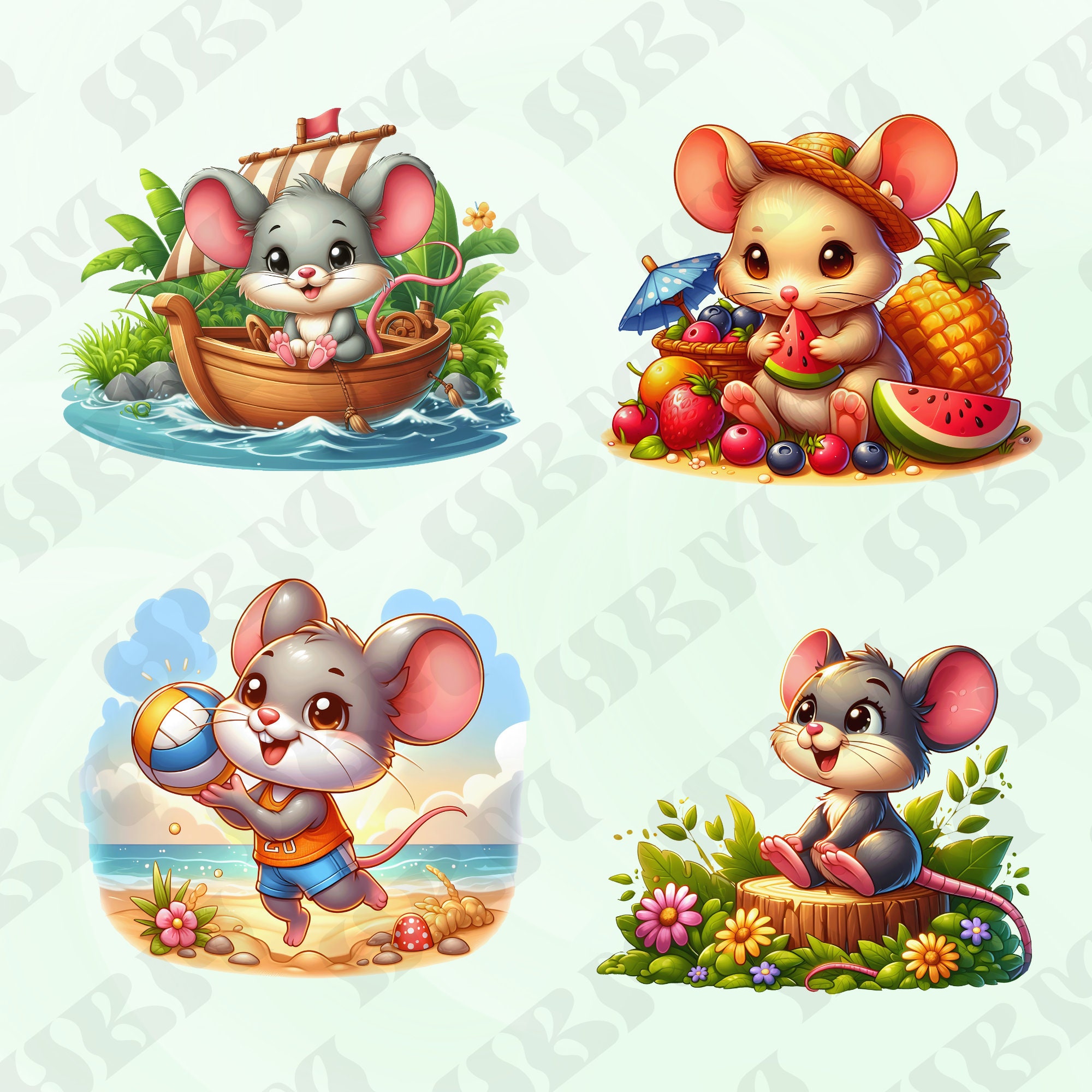 Cute Cartoon Mouse Summer Clipart Bundle, Surf Nursery Decor, Beach ...