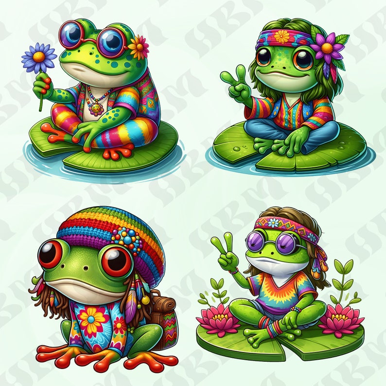 24 Cute Hippie Frogs Clipart Bundle, Tadpole Stickers, Adorable Wall ...