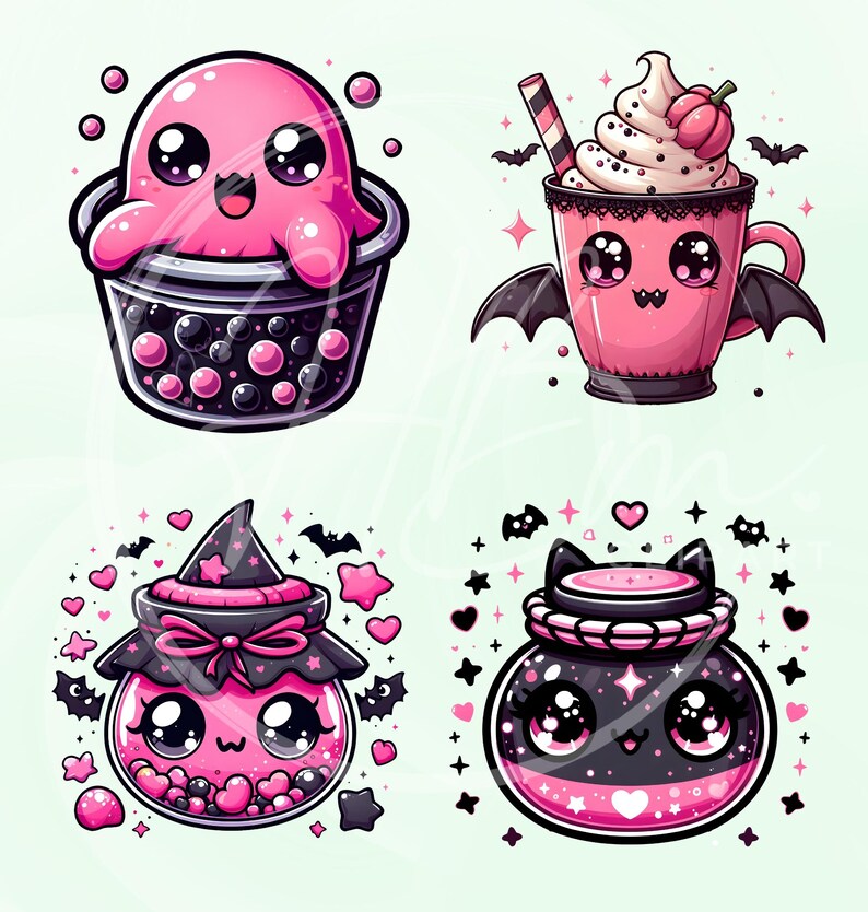 Kawaii Creepy Halloween Clipart Bundle, Pastel Pink Black Cute ...