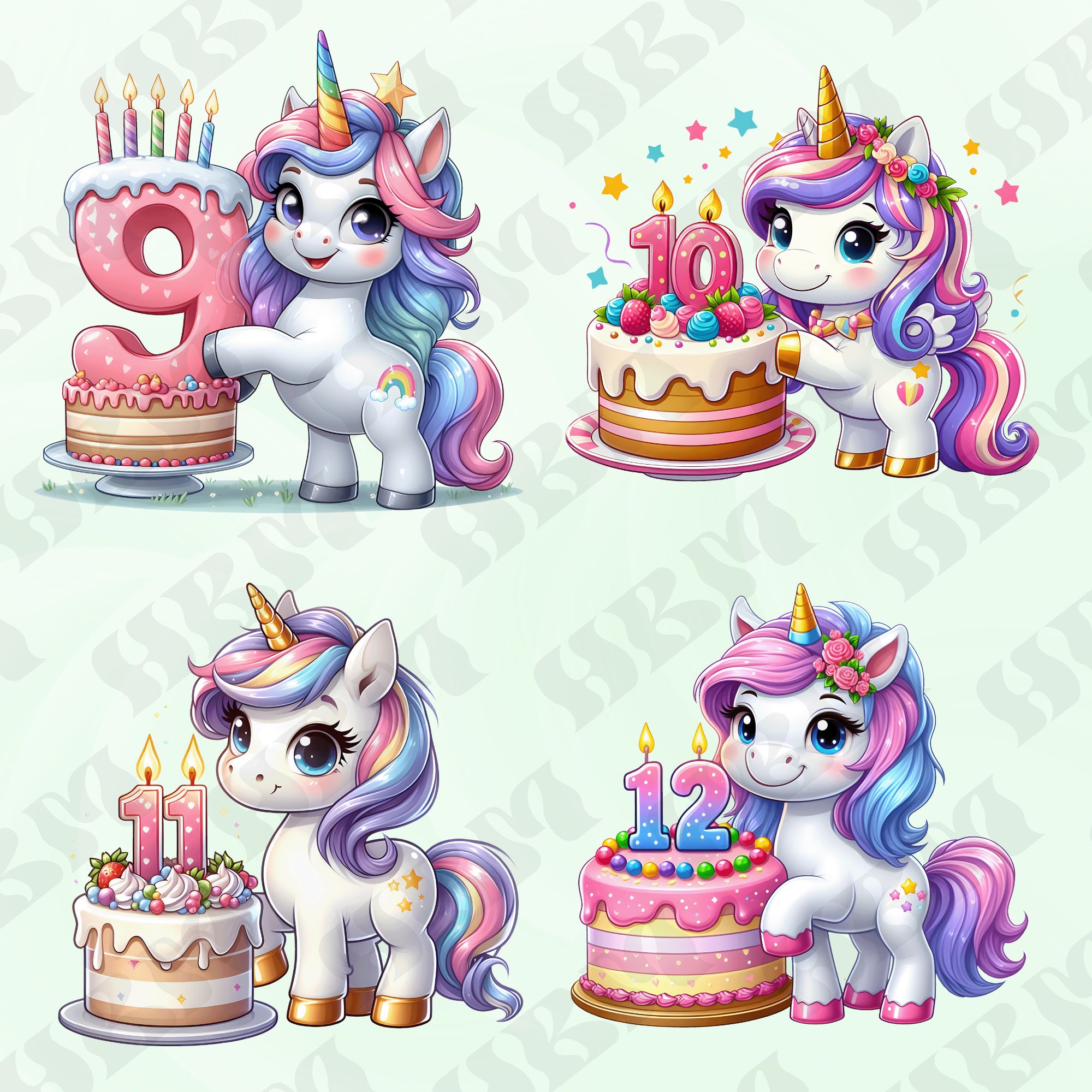16 Cute Birthday Unicorn Clipart Bundle, Cartoon Sticker, Adorable ...
